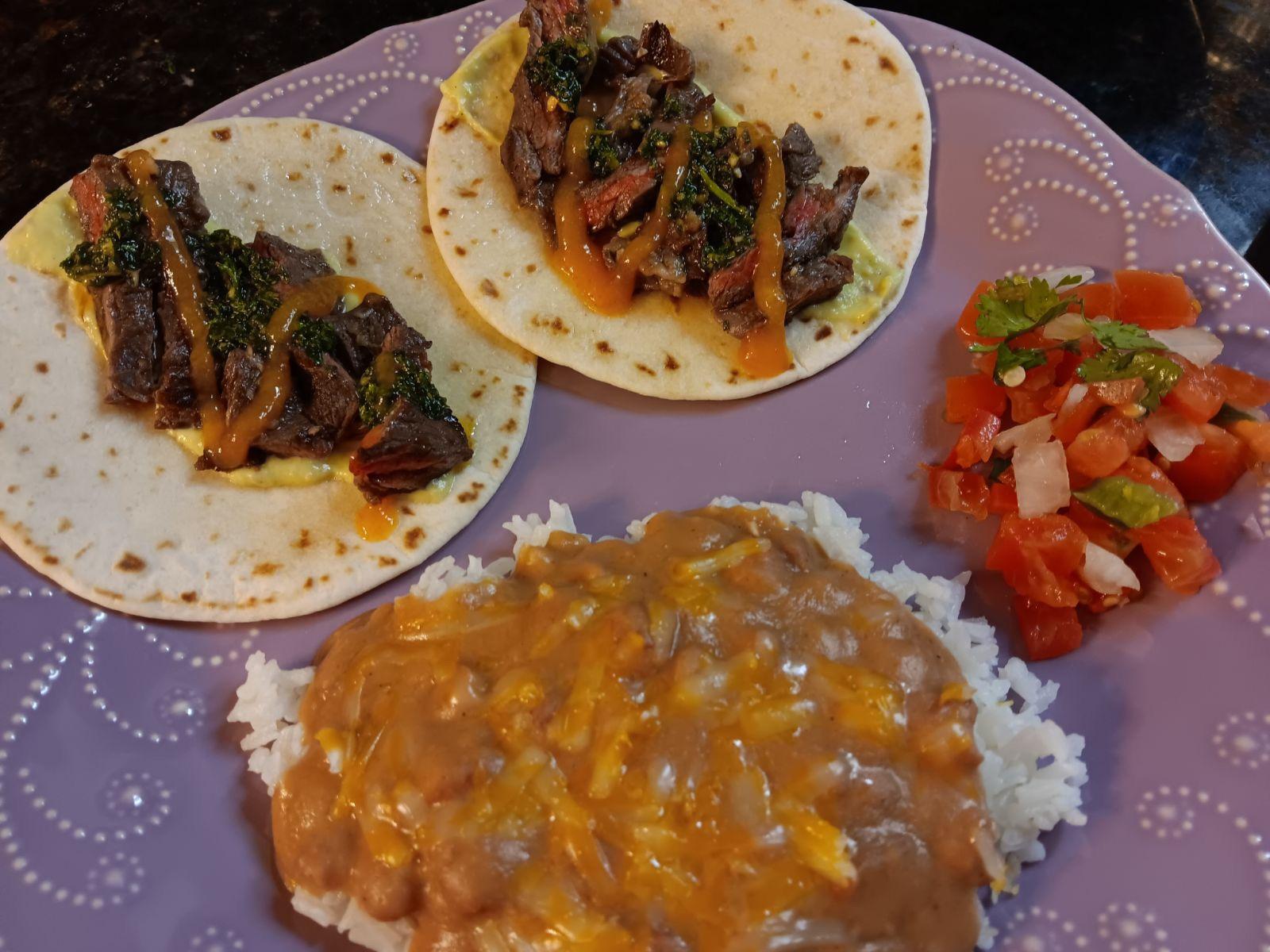[homemade] steak street tacos with chimichurri, avocado cream and my own mango habenero hot ...