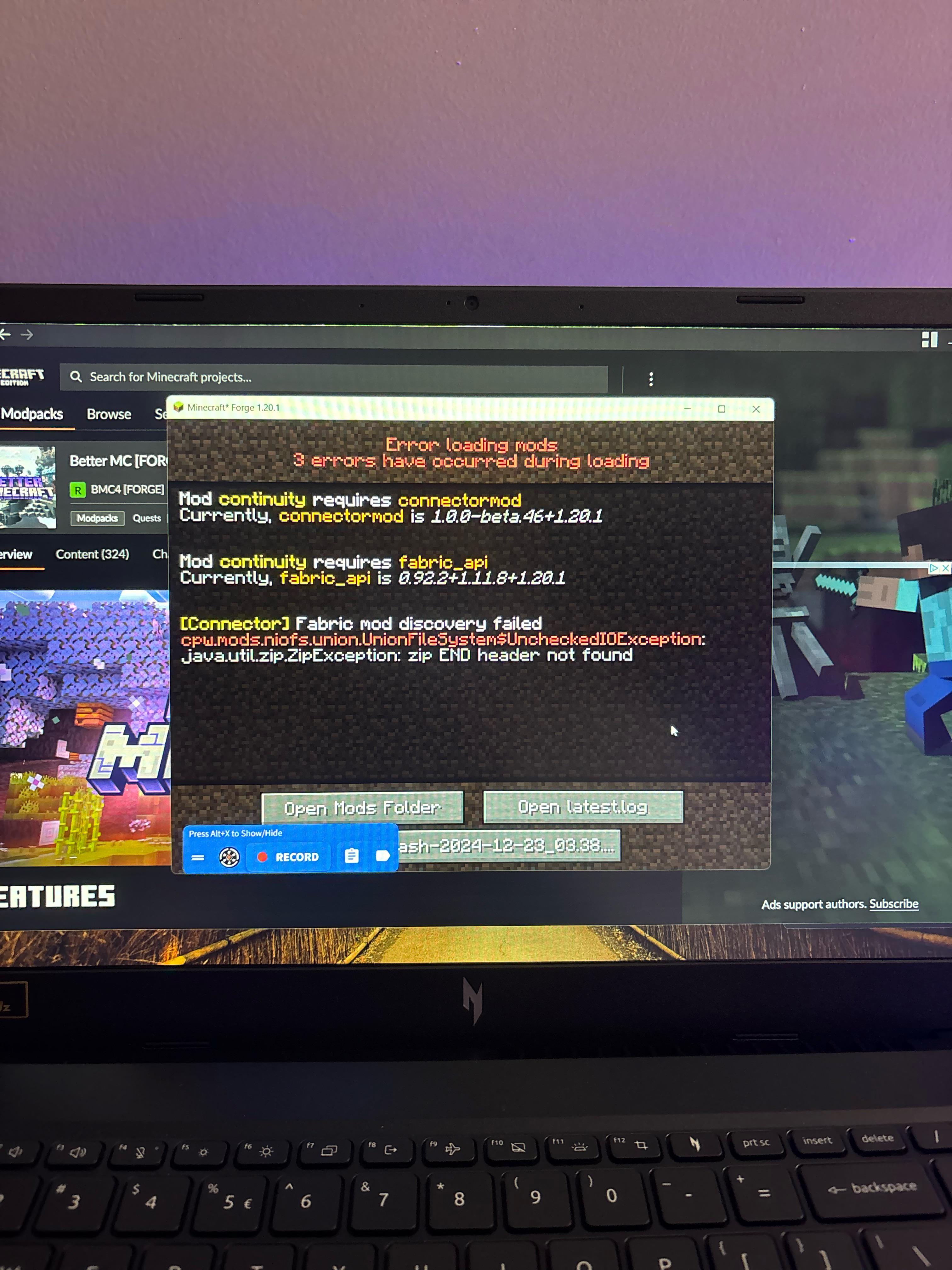 Anybody know how to fix this Better Minecraft launch issue?? | Scrolller