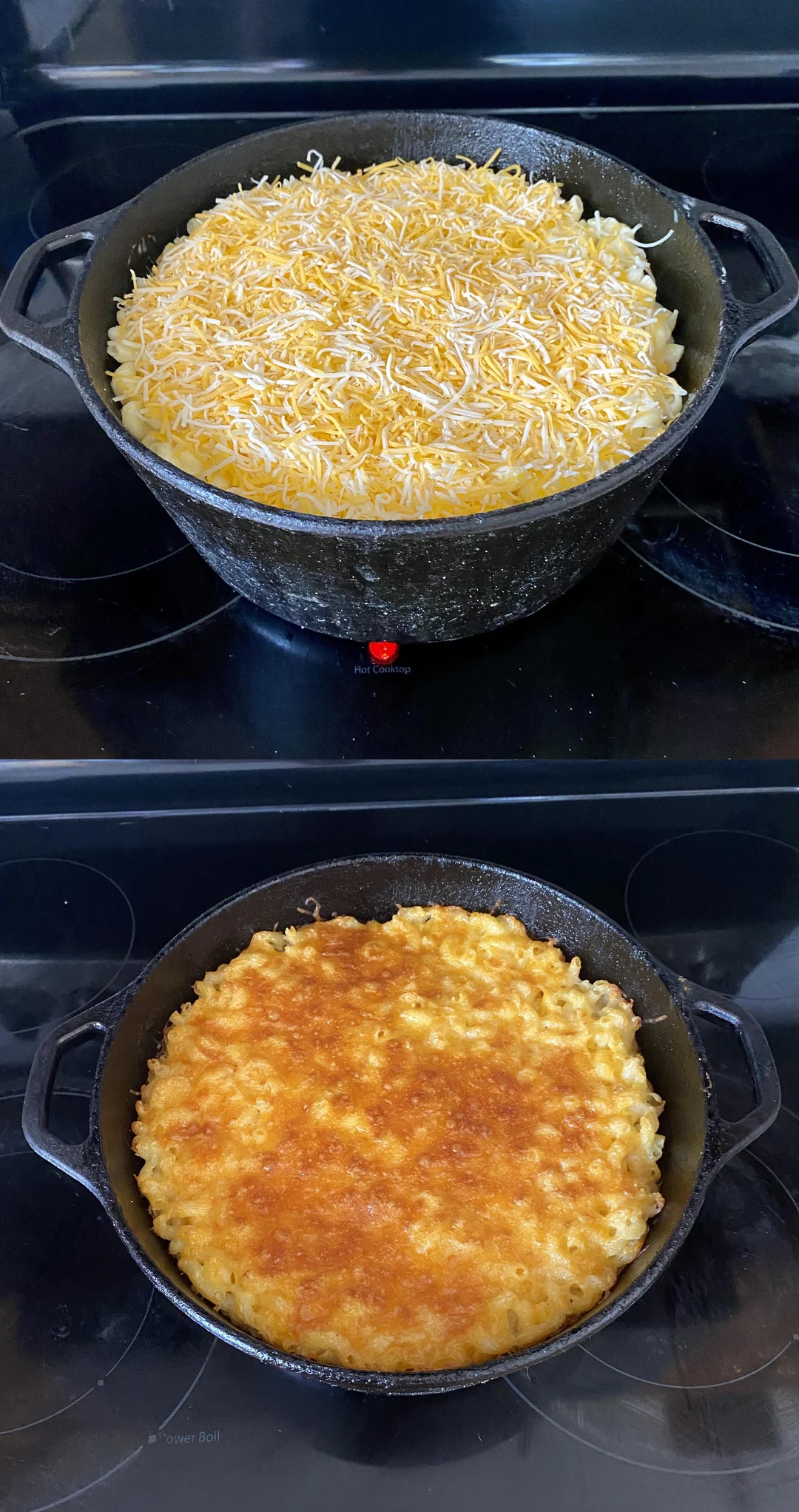 Before and after on a six inch layer of mac and cheese. | Scrolller