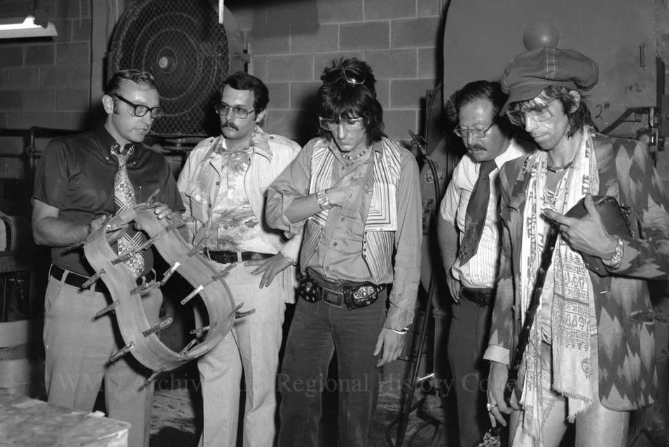 Keith Richards and Ron Wood visit the old Gibson guitar factory in Kalamazoo Michigan. 1975 ...