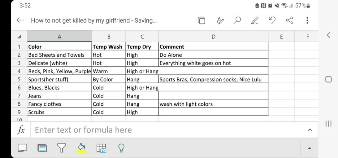 Girlfriends moving in so I created an excel for laundry rules titled "How To Not Get Killed By ...