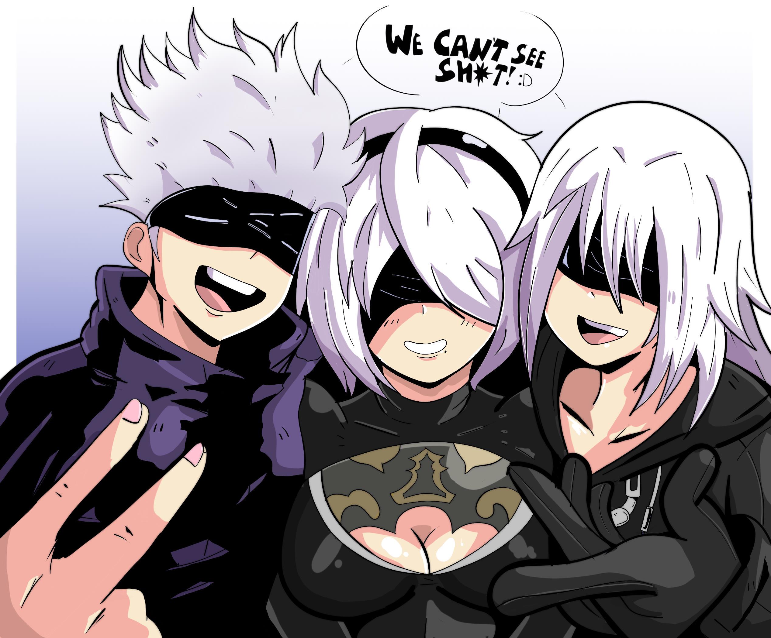 GOJO, 2B & RIKU ~ Silver Hair Blindfold Gang (Art by @NahzoX) | Scrolller
