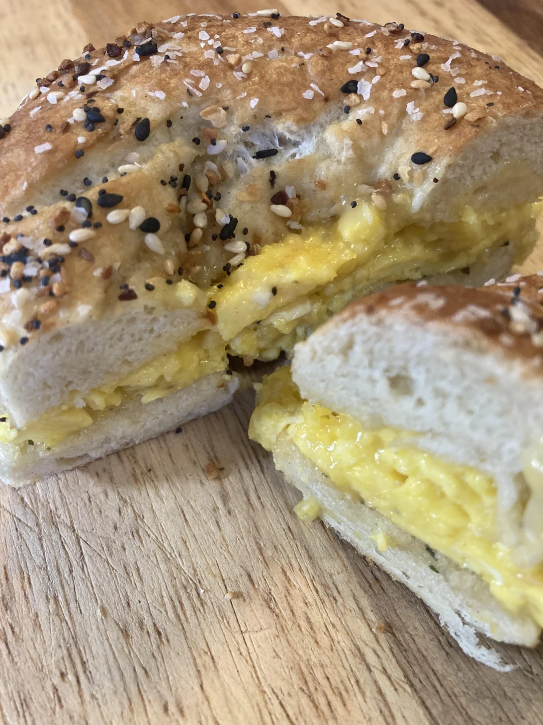 scrambled egg and cheese on a homemade everything bagel | Scrolller