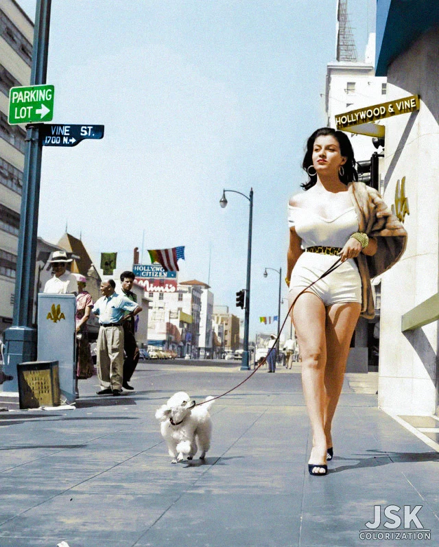 Joan Bradshaw walking her poodle on Hollywood & Vine, 1957 [Colorized] | Scrolller