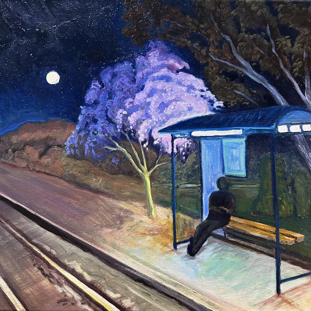 The tram station, me/Pola Melnyczuk, oil on canvas, 2023 | Scrolller