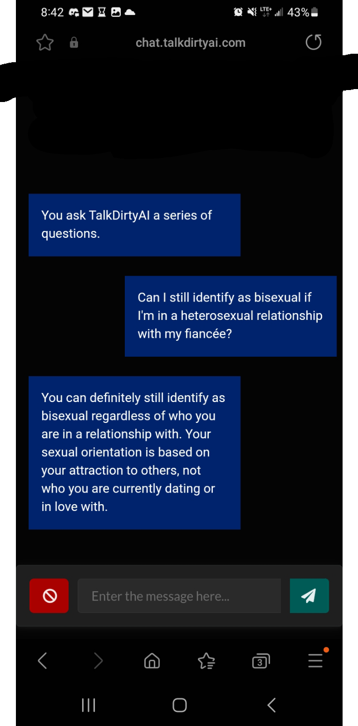 My friend introduced me to this chat-AI and it's a proper Bi-Ally ...