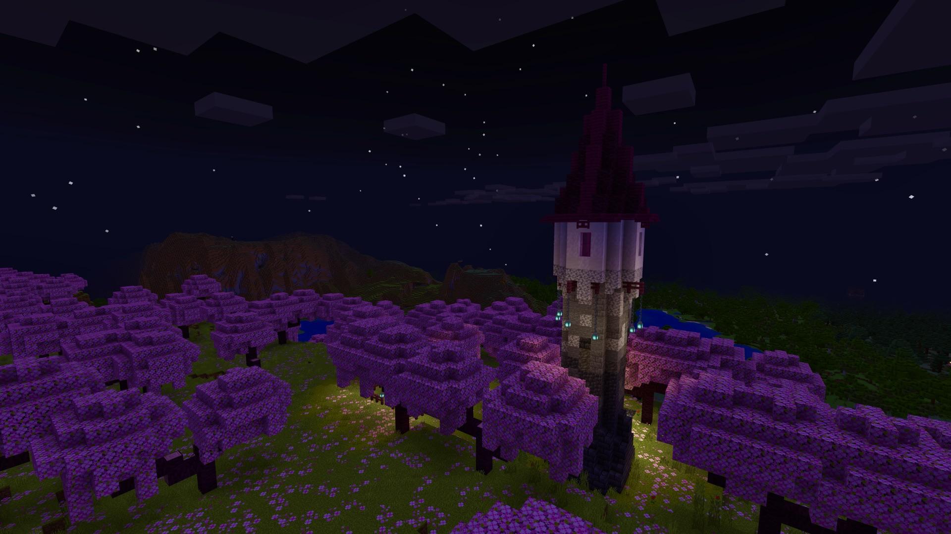 Dark wizard tower in the middle of a cherry blossom biome | Scrolller