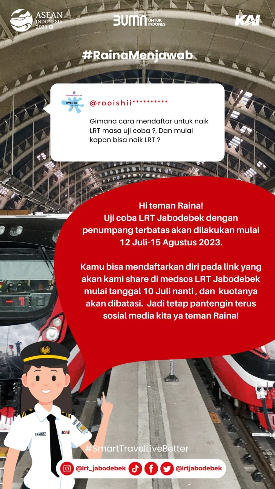 Registration for LRT Jabodebek public trial phase (12 July-15 August 2023) will be opened on 10 ...