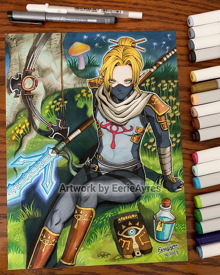 [BotW] [OC] I drew BotW Link with my favorite gear: Sheikah Stealth Armor, Frostspear, Lynel Bow ...