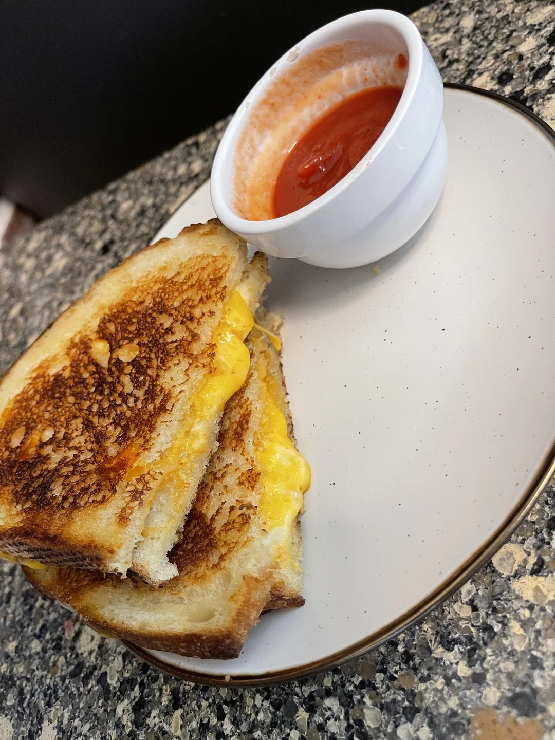 Simple grilled cheese on sourdough with cheddar and muenster, black truffle ketchup on the side ...