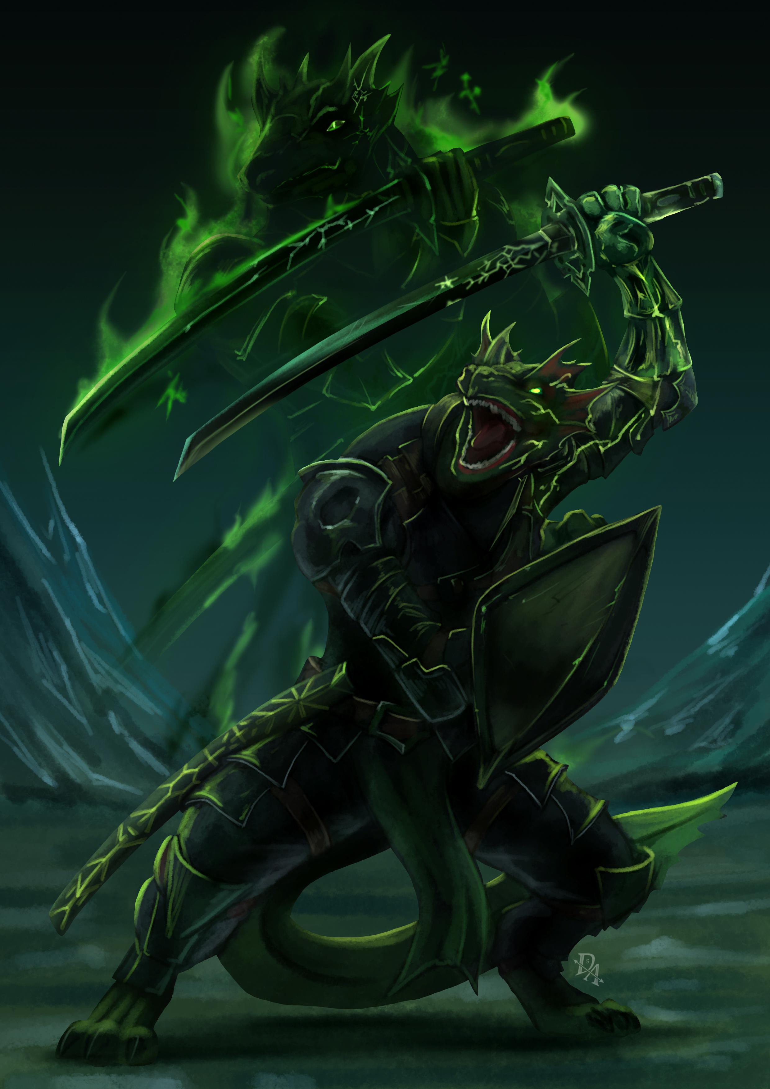 [OC][Art] Just chilling with my better half! - Lizardfolk Undead Echo Knight | Scrolller