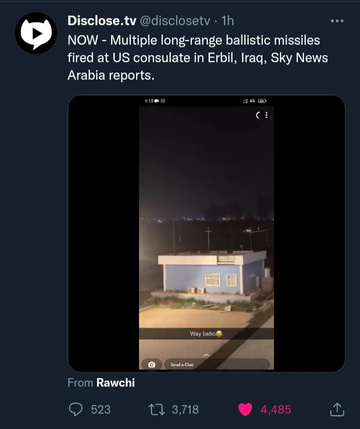 “NOW - Multiple long-range ballistic missiles fired at US consulate in Erbil, Iraq, Sky News ...