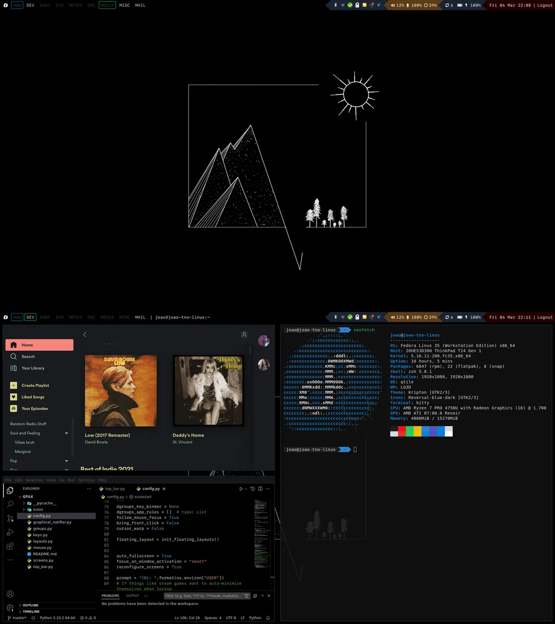 [qtile] My very dark setup (I need a darker spotify theme!) | Scrolller