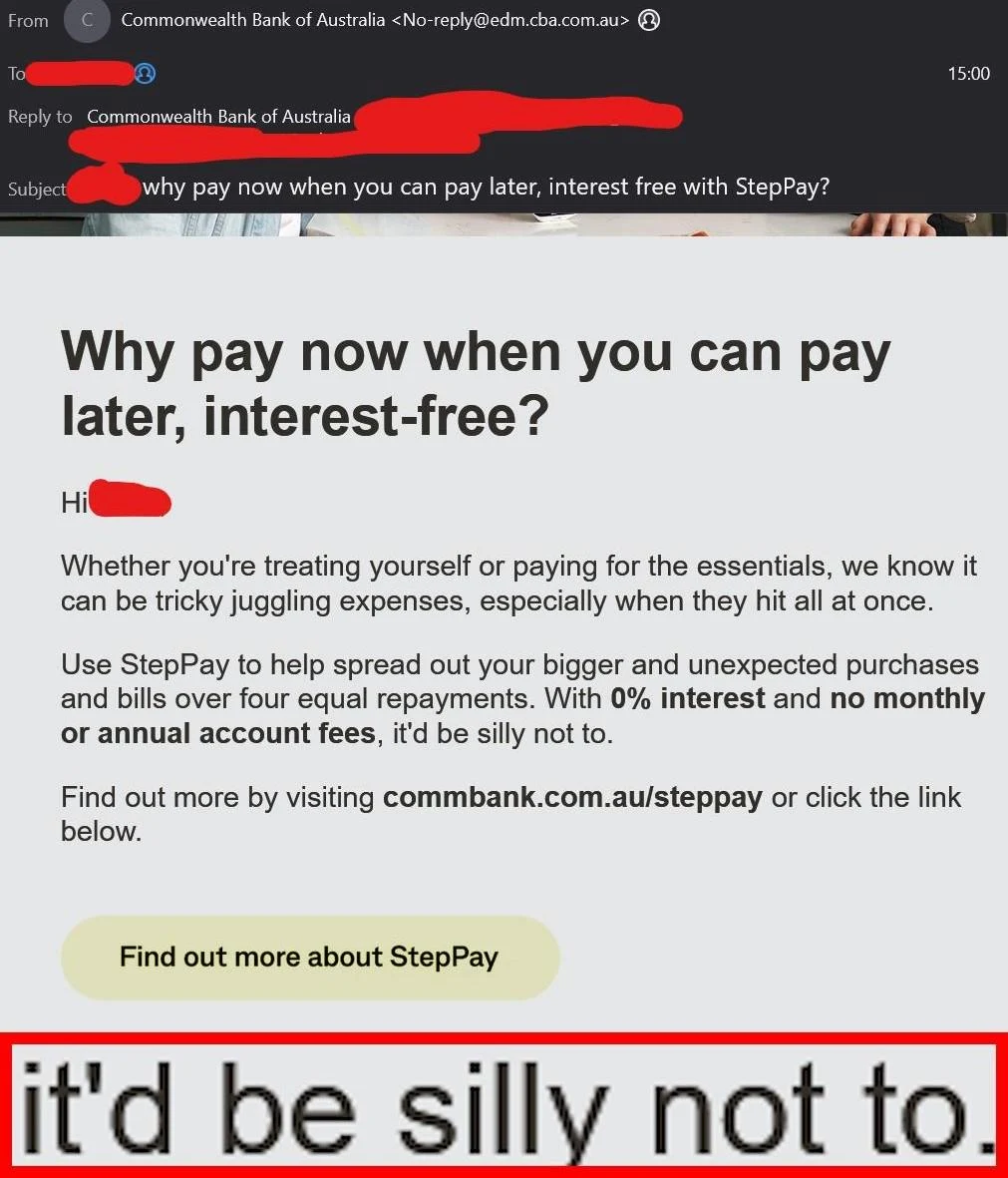 Anyone else get this email from Commbank? "...it be silly not to" sign up for StepPay | Scrolller