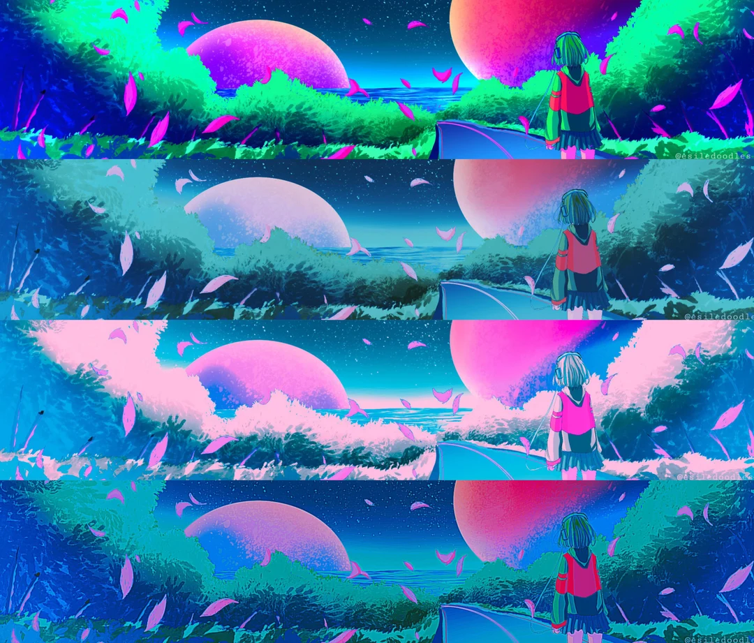 Commissioner wanted a girl in a forest with a vapor wave palette. Which one do you like ...