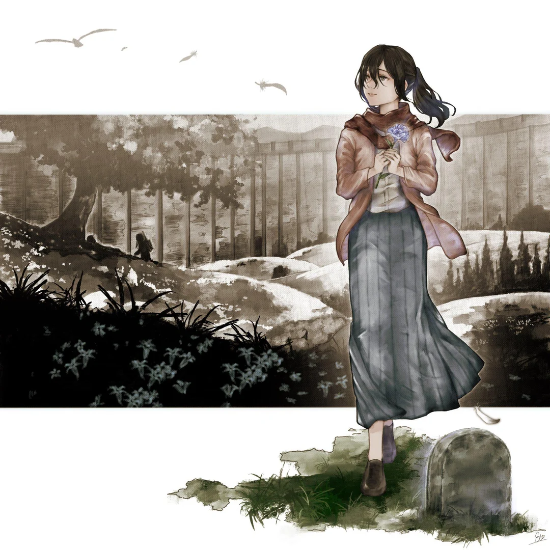 Visiting the grave of her beloved🌳🧣🕊️ (art by @eto_384) | Scrolller