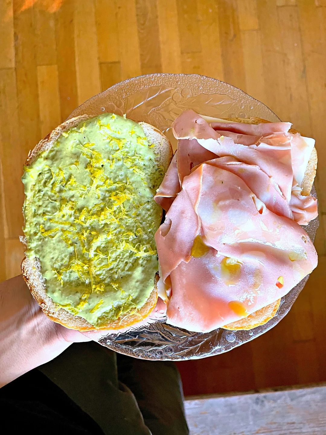 mortadella, provolone, ramp (wild garlic) aioli, lemon zest, evoo on super soft white bread ...