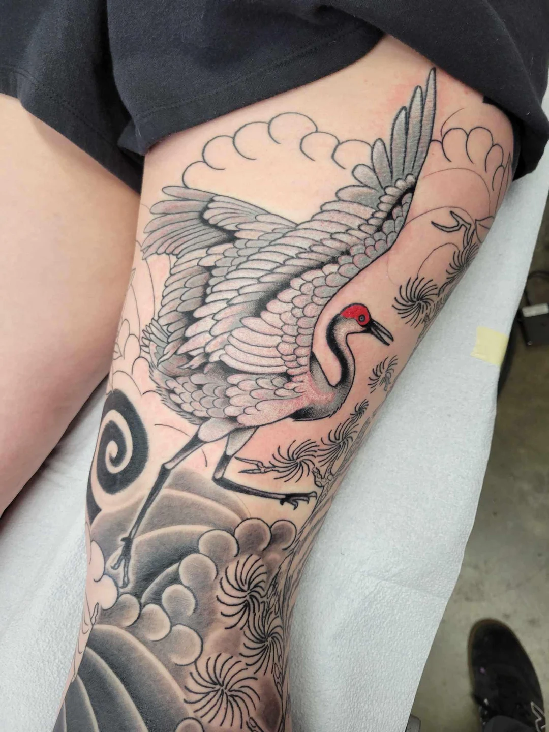 Japanese crane by Mike Mackenzie, Tattoosmith in Everett WA | Scrolller