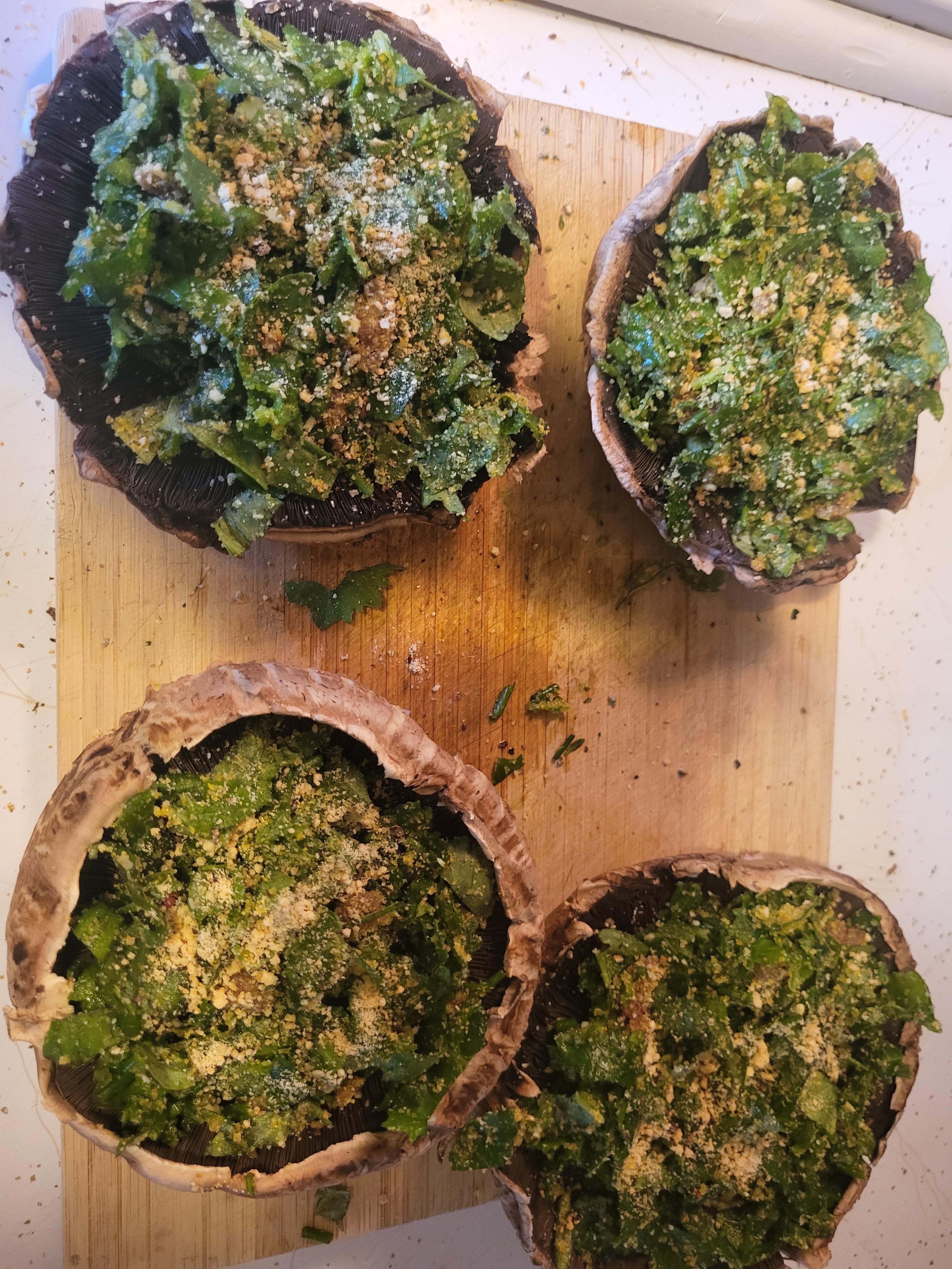 [homemade] Stuffed Portobello's with kale, basil, chives, anchovies and bread crumbs | Scrolller