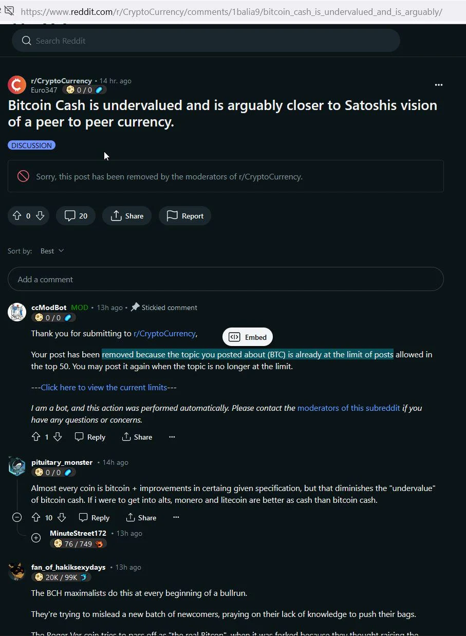 most ridiculous reason ever seen to remove a Post about BCH at r/cc | Scrolller