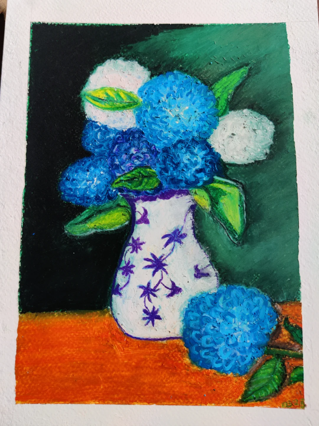 Hydrangeas, me, oil pastel on watercolor paper, 2023 | Scrolller