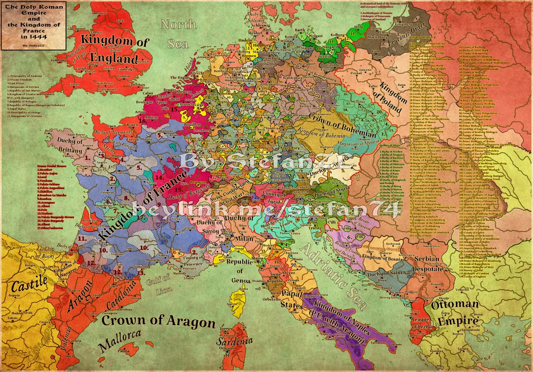 [OC]Detailed map of the Holy Roman Empire and the Kingdom of France in 1444 | Scrolller
