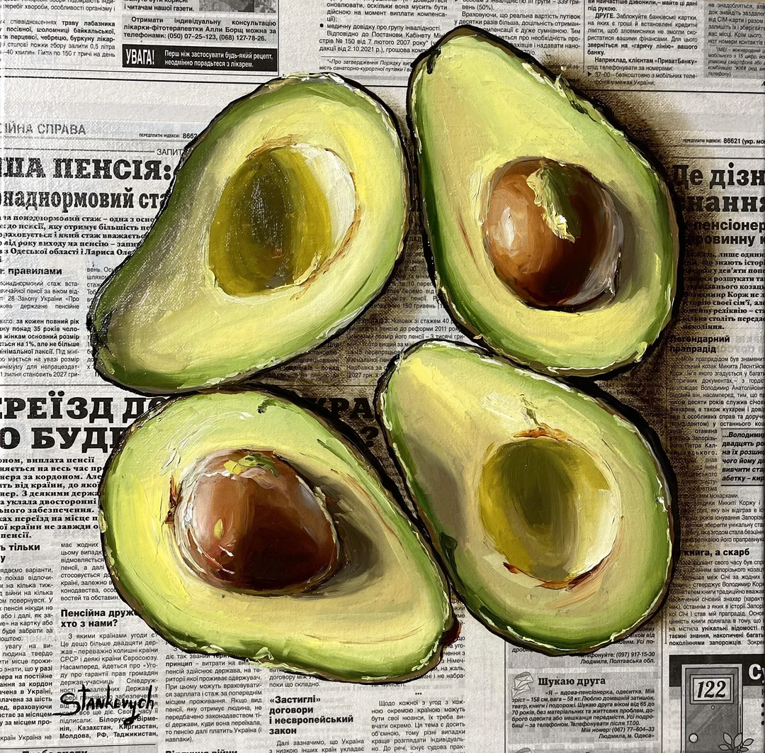 Avocados, me, oil on newspaper, 2022 | Scrolller