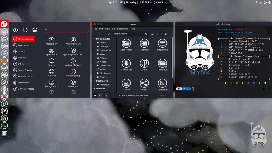 [cinnamon] Fives has his head in the clouds on Fedora 38 Cinnamon with the Skeuos Red Dark theme ...