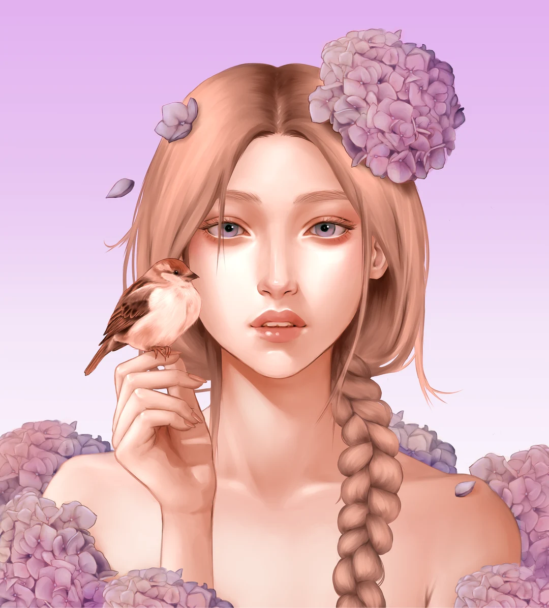 Sparrows and Hydrangeas, Me, Digital Painting, 2023 | Scrolller