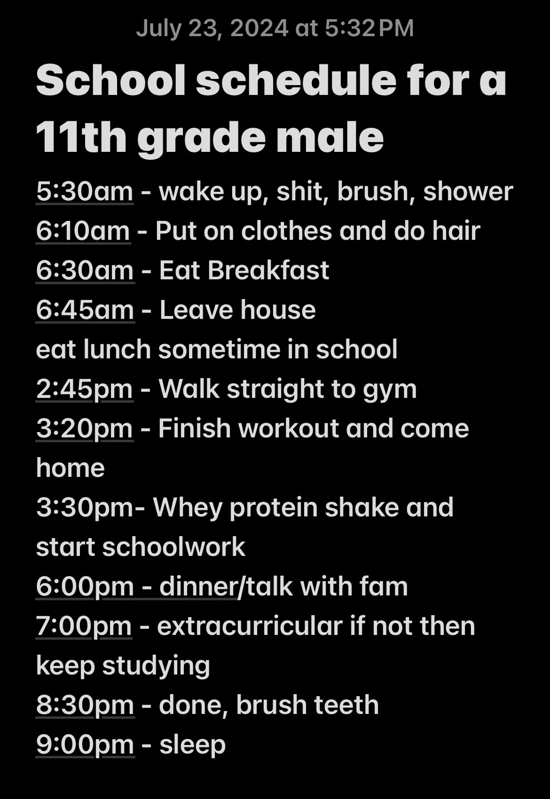 Saw an absolutely terrible schedule by a sophomore girl so here's a good example of not killing ...