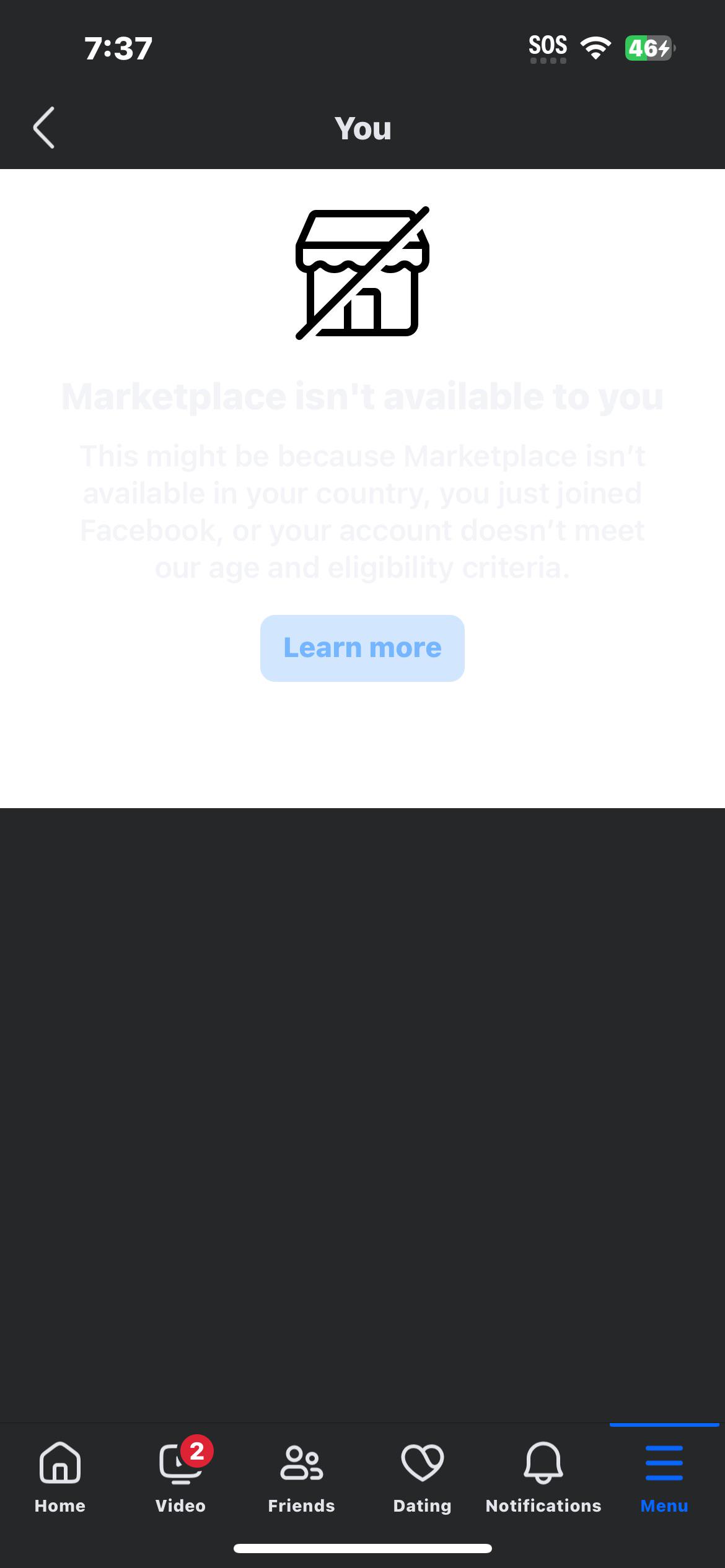 Discover more like Facebook: How do I fix this/bypass it? My marketplace was working fine and ...