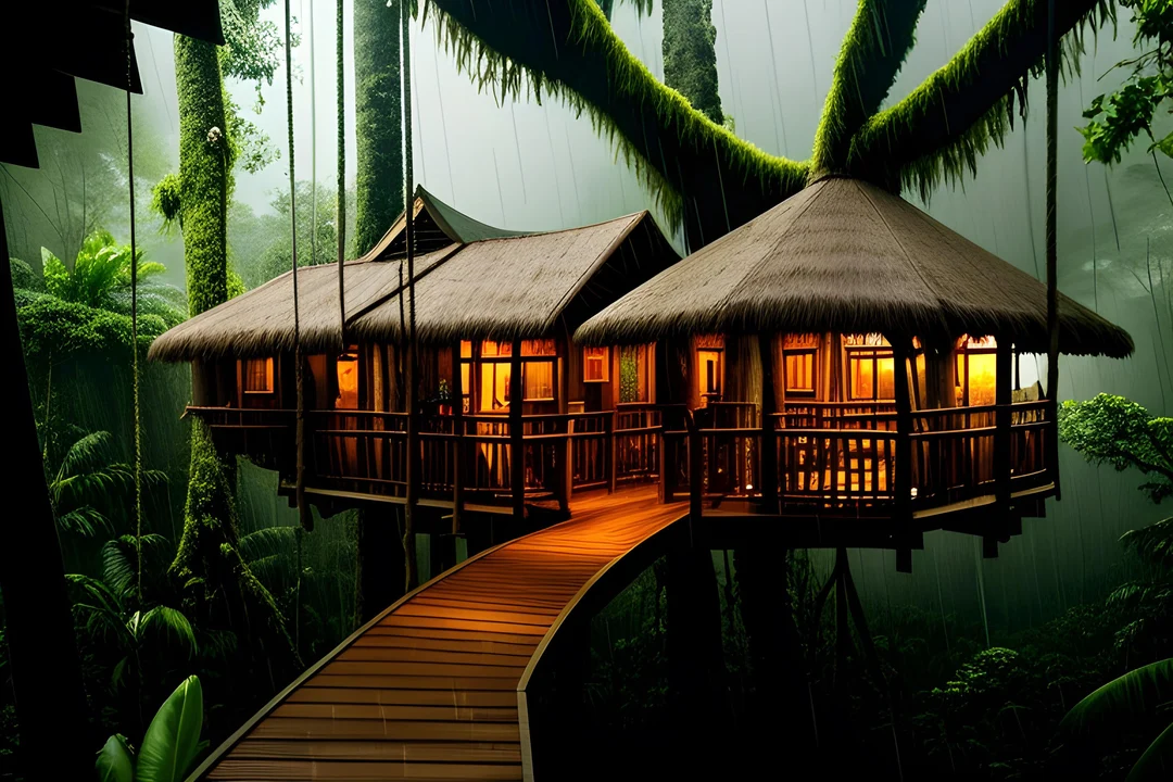 Treehouse bungalow in the dark rainy forest | Scrolller