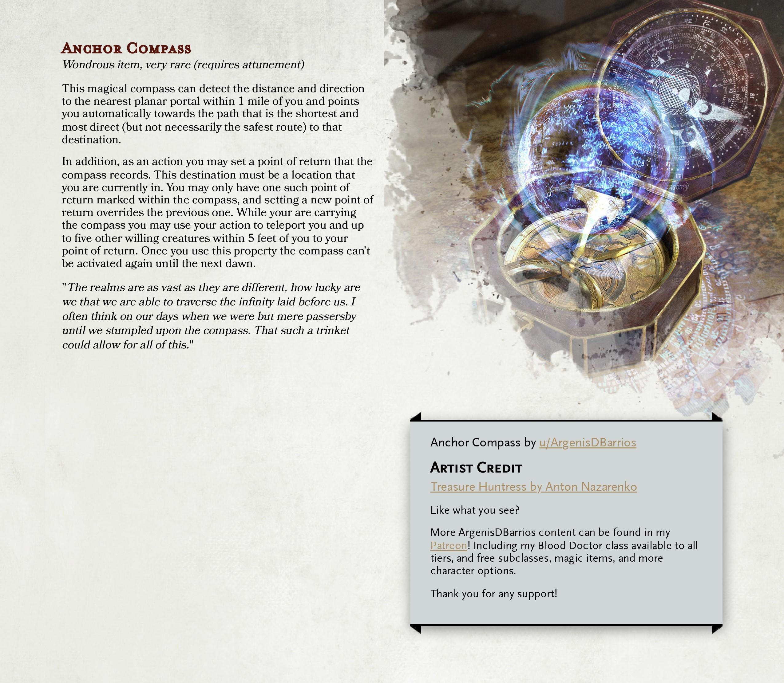 Discover more like DnDHomebrew: Anchor Compass | Wondrous item, very rare | Set a safe point ...