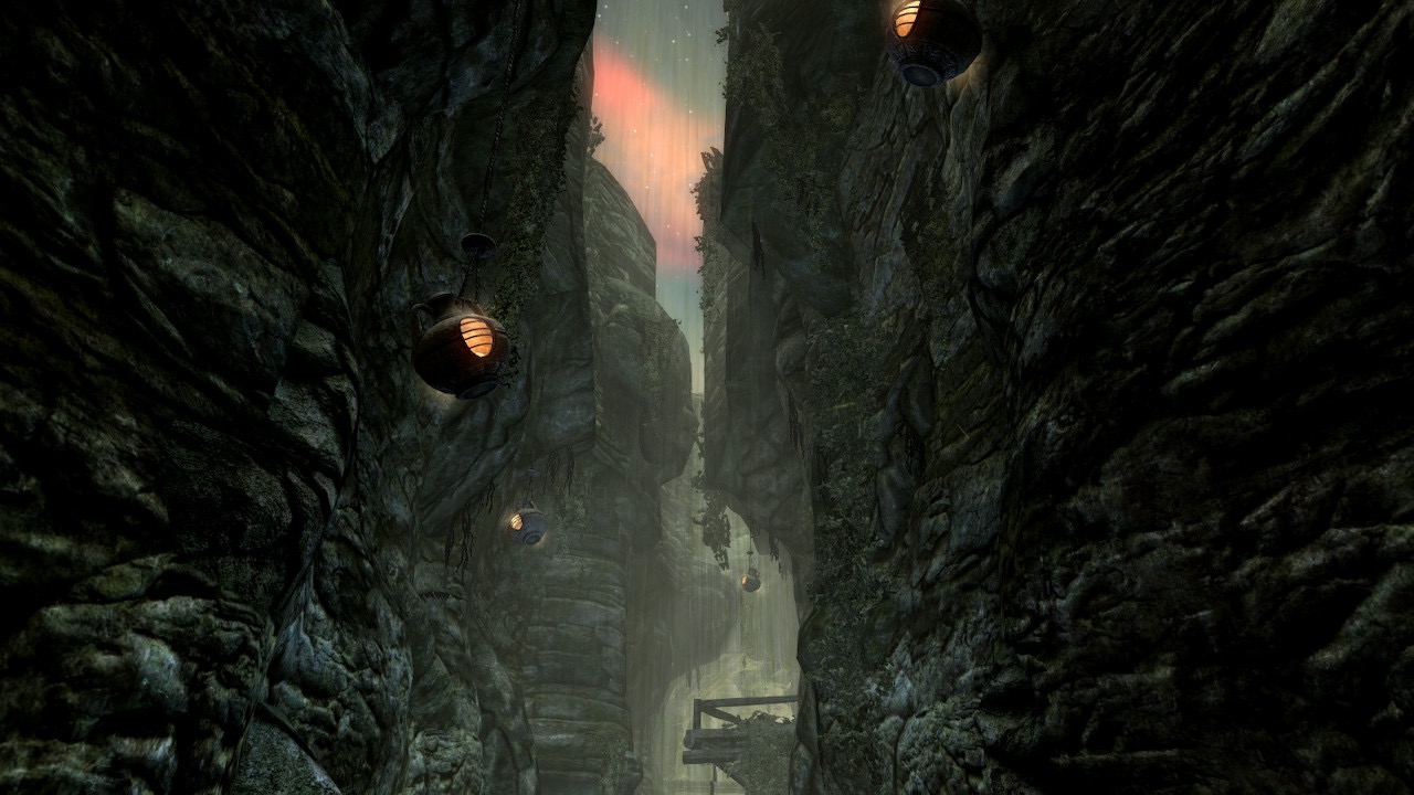 Exploring this cave that had a large crevice like opening, and you could see the aurora borealis ...