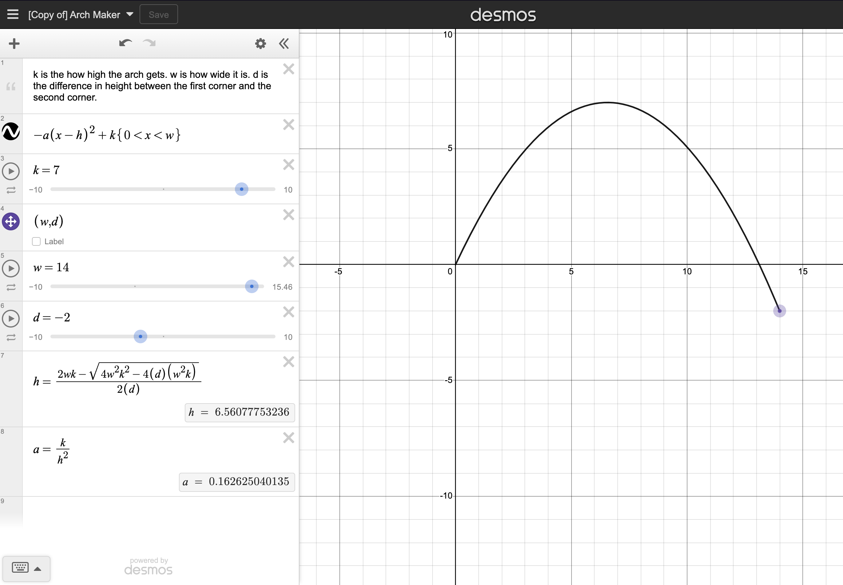 I made a parabolic arch grapher for approximating curves in builds on Desmos. It works by ...