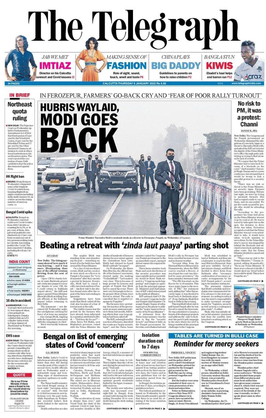 Hubris Waylaid, Modi goes back | The Telegraph front page | Scrolller