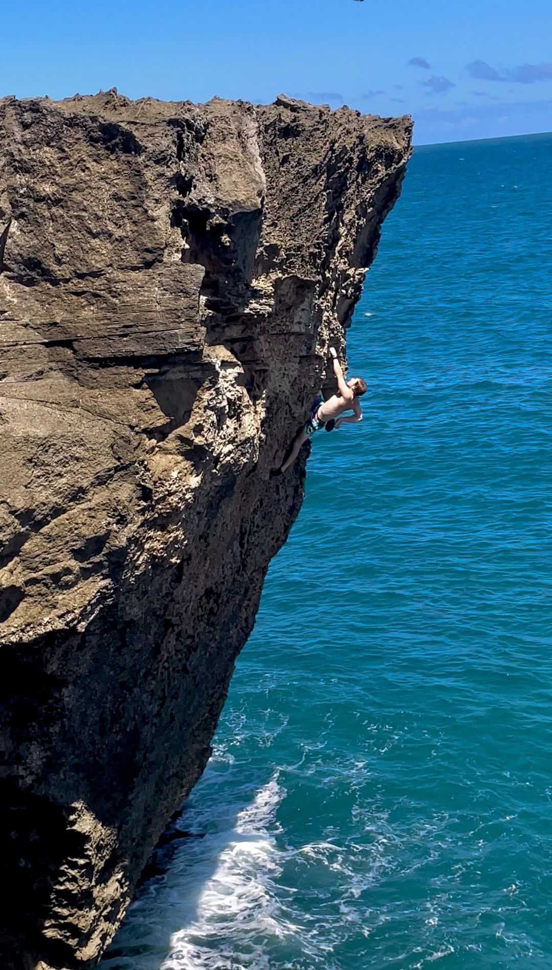 Deep water soloed El Arete Libre along the cliffs of Cueva del Indio in Arecibo, Puerto Rico ...