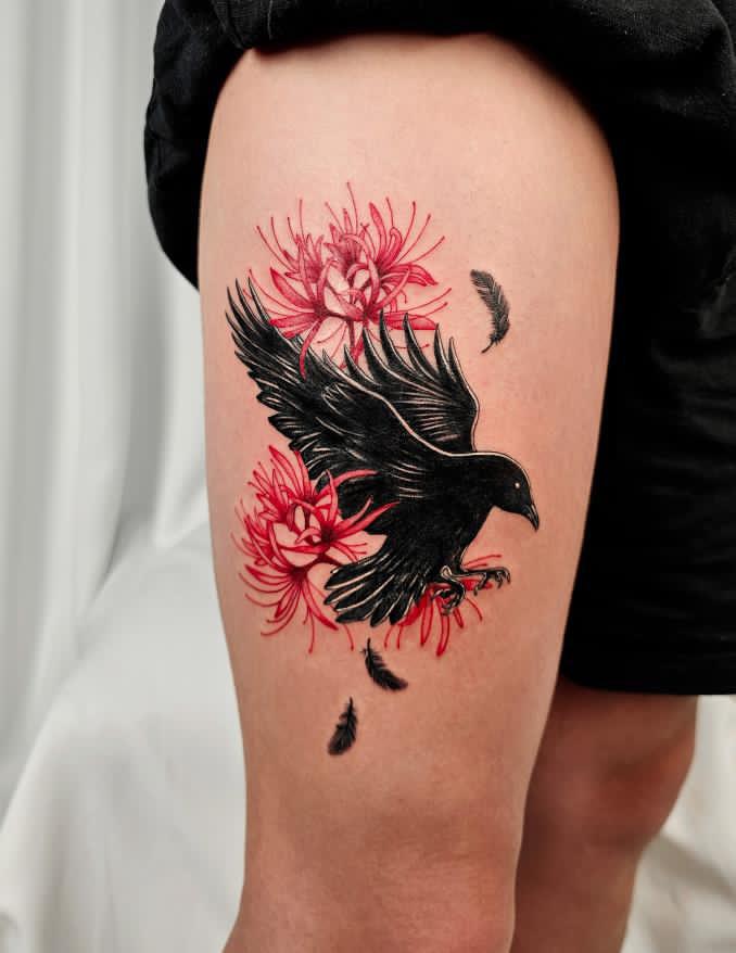 Raven and spider lilies by tattooist_peer at Peer Studio at Mapo-Gu, Seoul | Scrolller