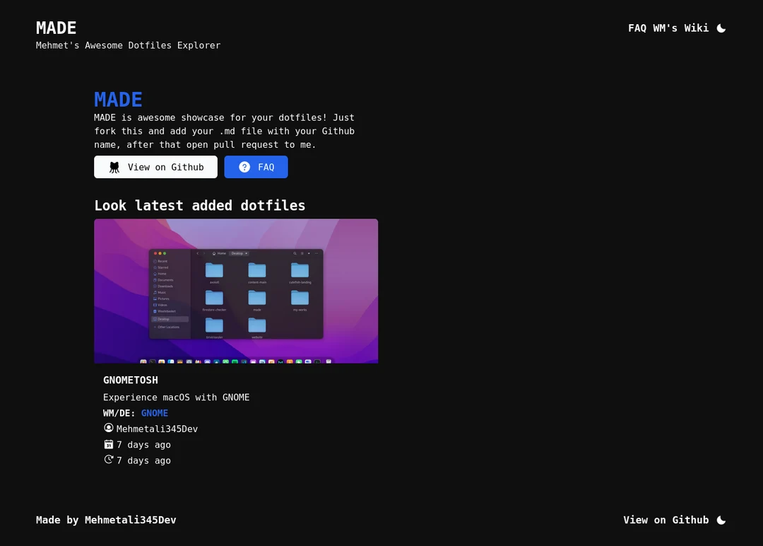 [OC] (Mehmet's Awesome Dotfiles Explorer) MADE is a showcase for your dotfiles and a mini wiki ...