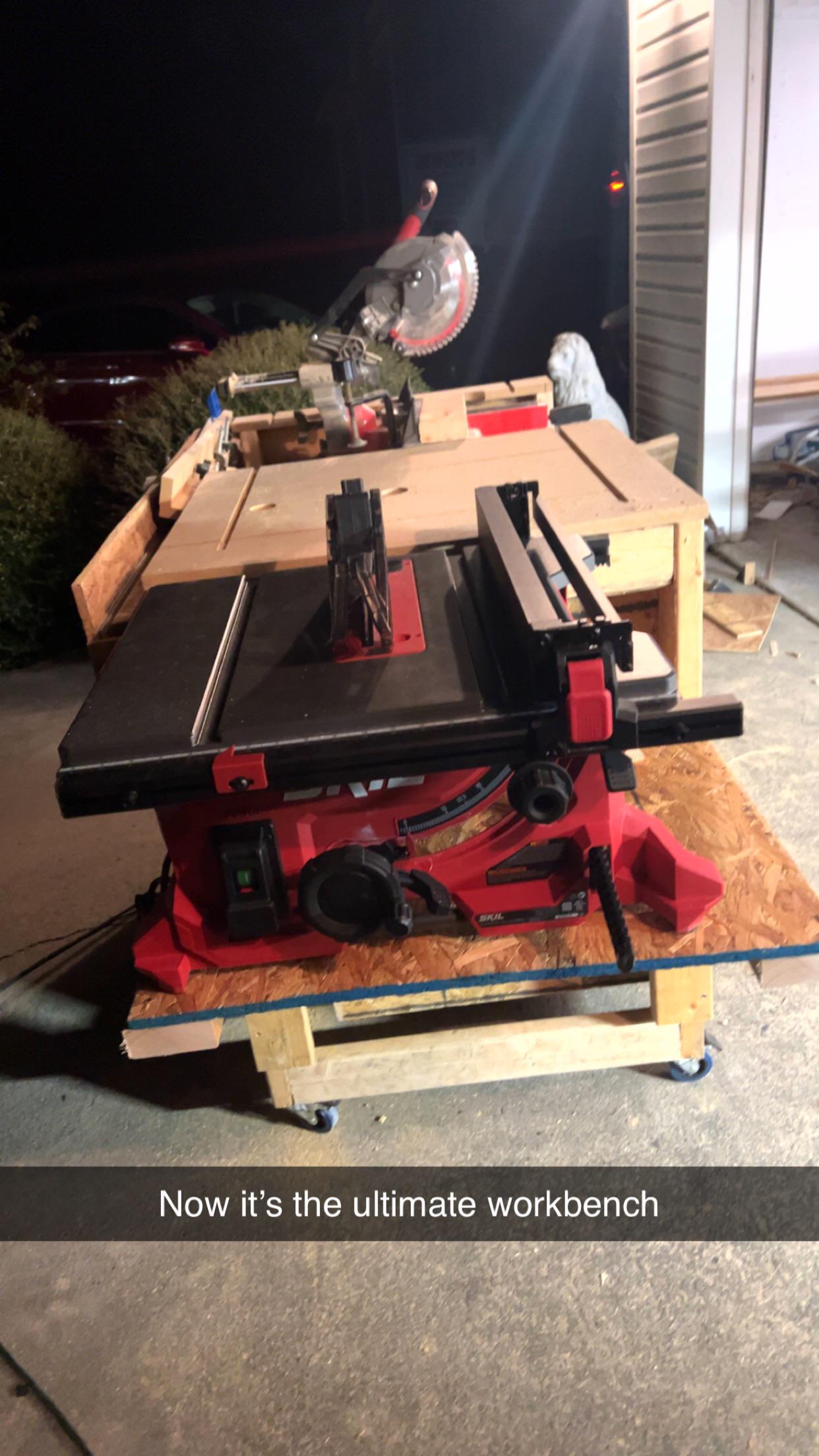 Made a mobile workbench with miter saw station, router table, table saw, and drawers in the ...