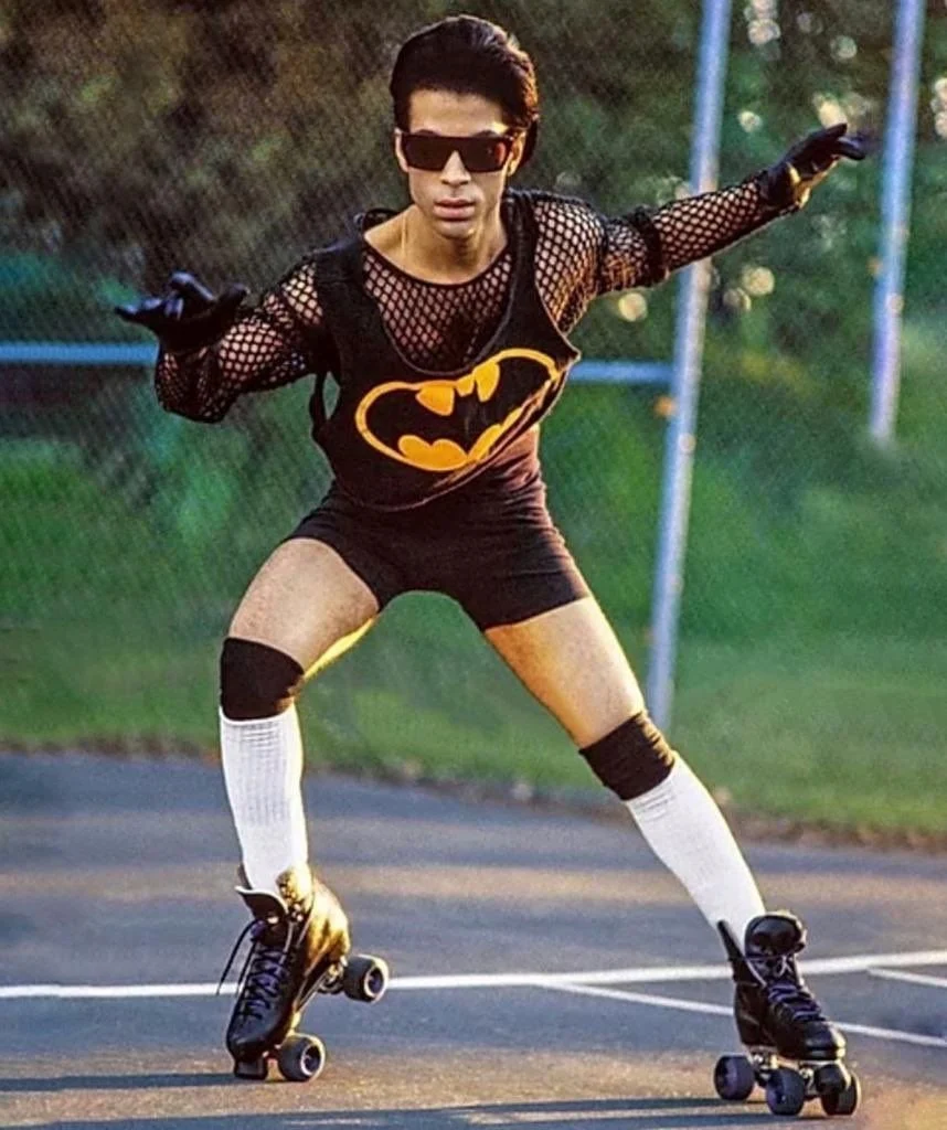 Prince Roller skating on his Tennis court at home. Photo by Jeff Katz, 1989 | Scrolller