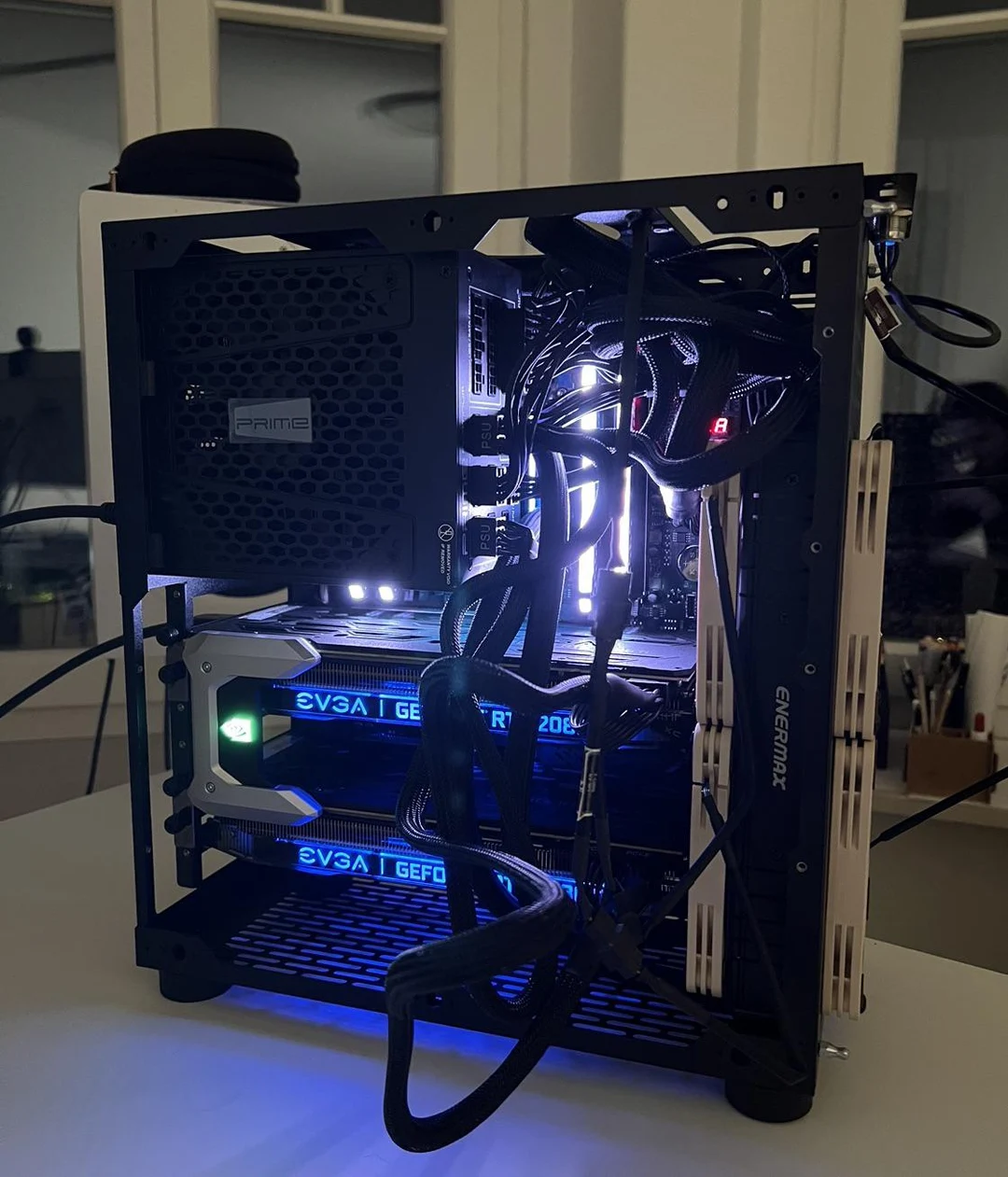 Cerberus X swapped from bigger case. 3970x, 2x 2080ti’s, 64gb and modded enermax aio. Still need ...