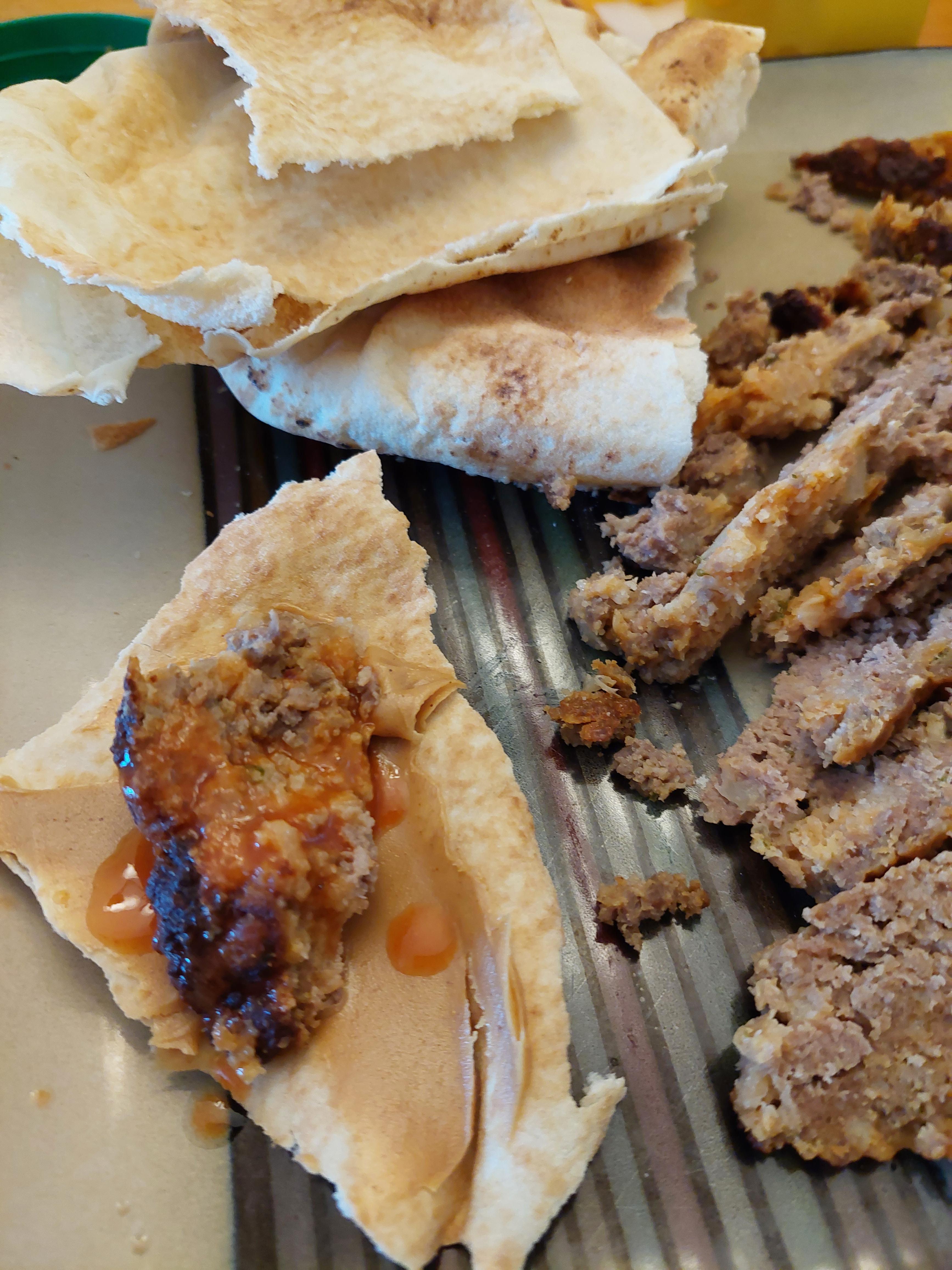 [Homemade] Meatloaf with peanut butter and Tabasco on toasted pita ...
