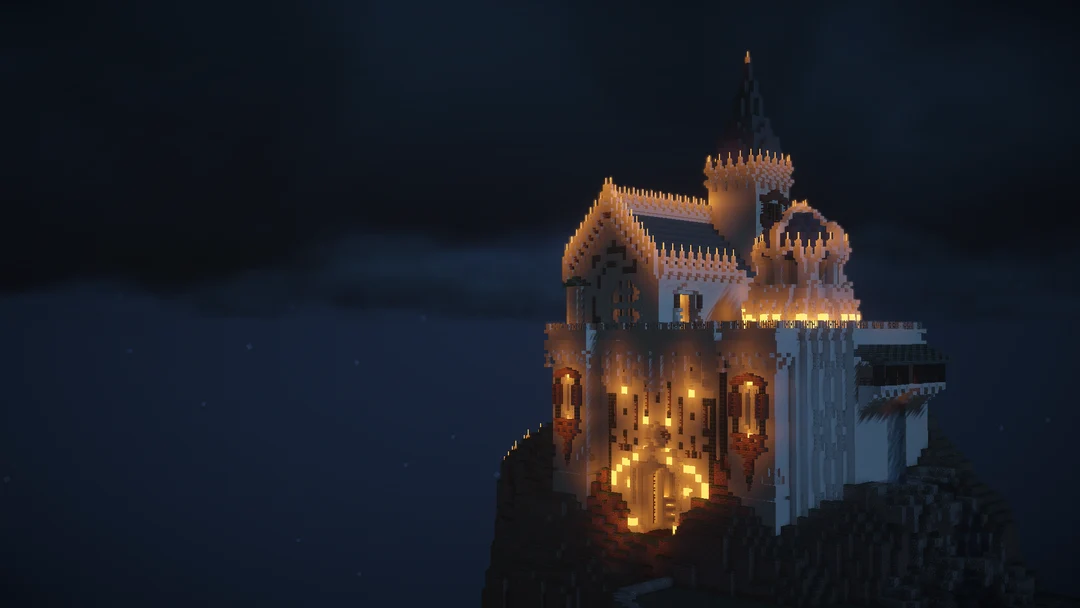 [1920 X 1080] A Minecraft structure over a mountain - Night view | Scrolller