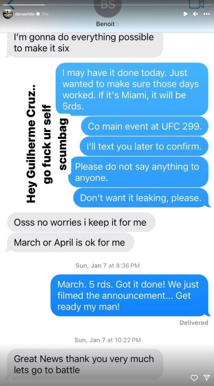 Dana White just responded on Instagram to Guilherme Cruz (Benoit Saint-Denis' coach) | Scrolller
