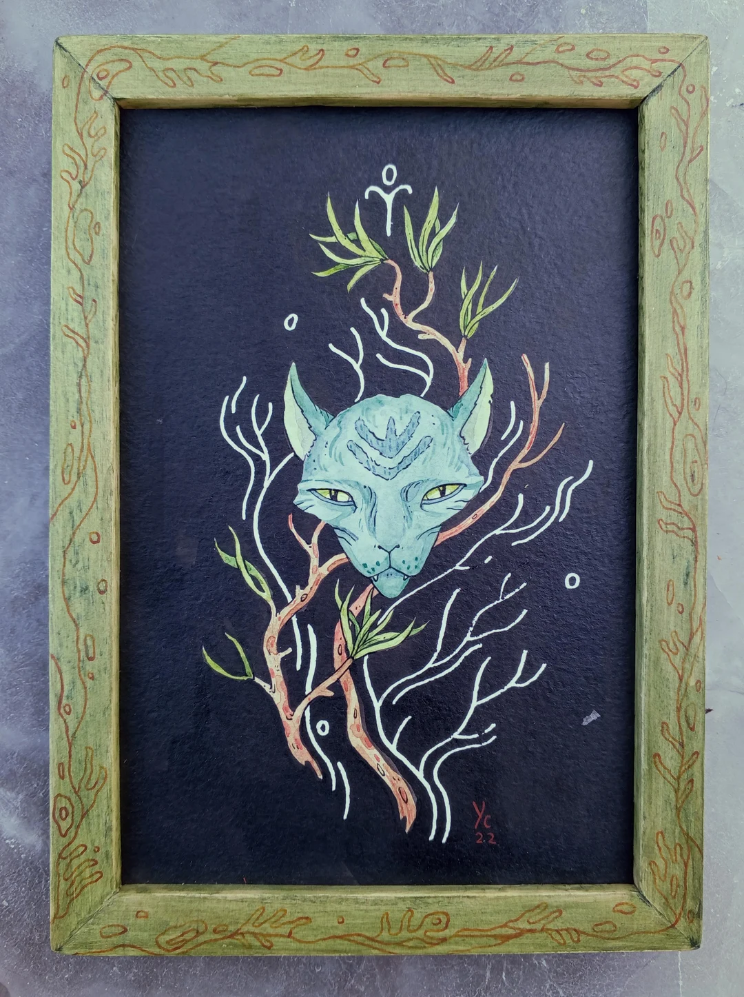 Mystical cat, watercolor and ink, siberian cedar frame. | Scrolller