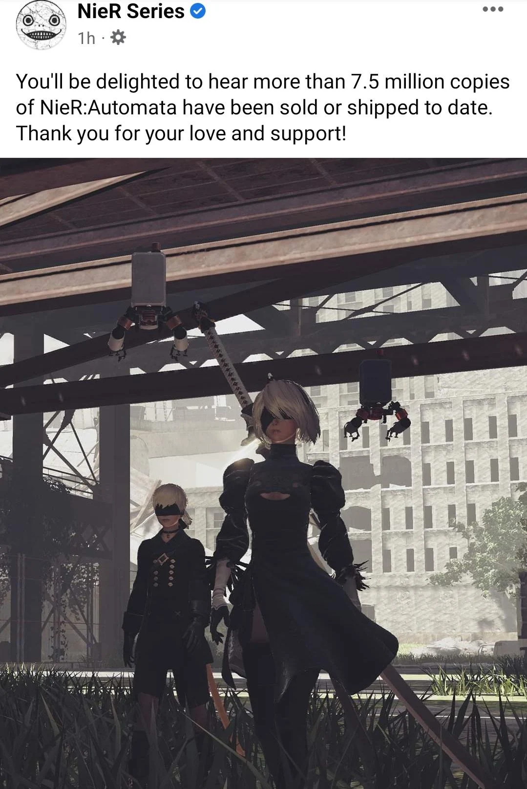 Nier Automata reaches 7.5 millions copies sold/shipped; devs thank everyone for their support ...