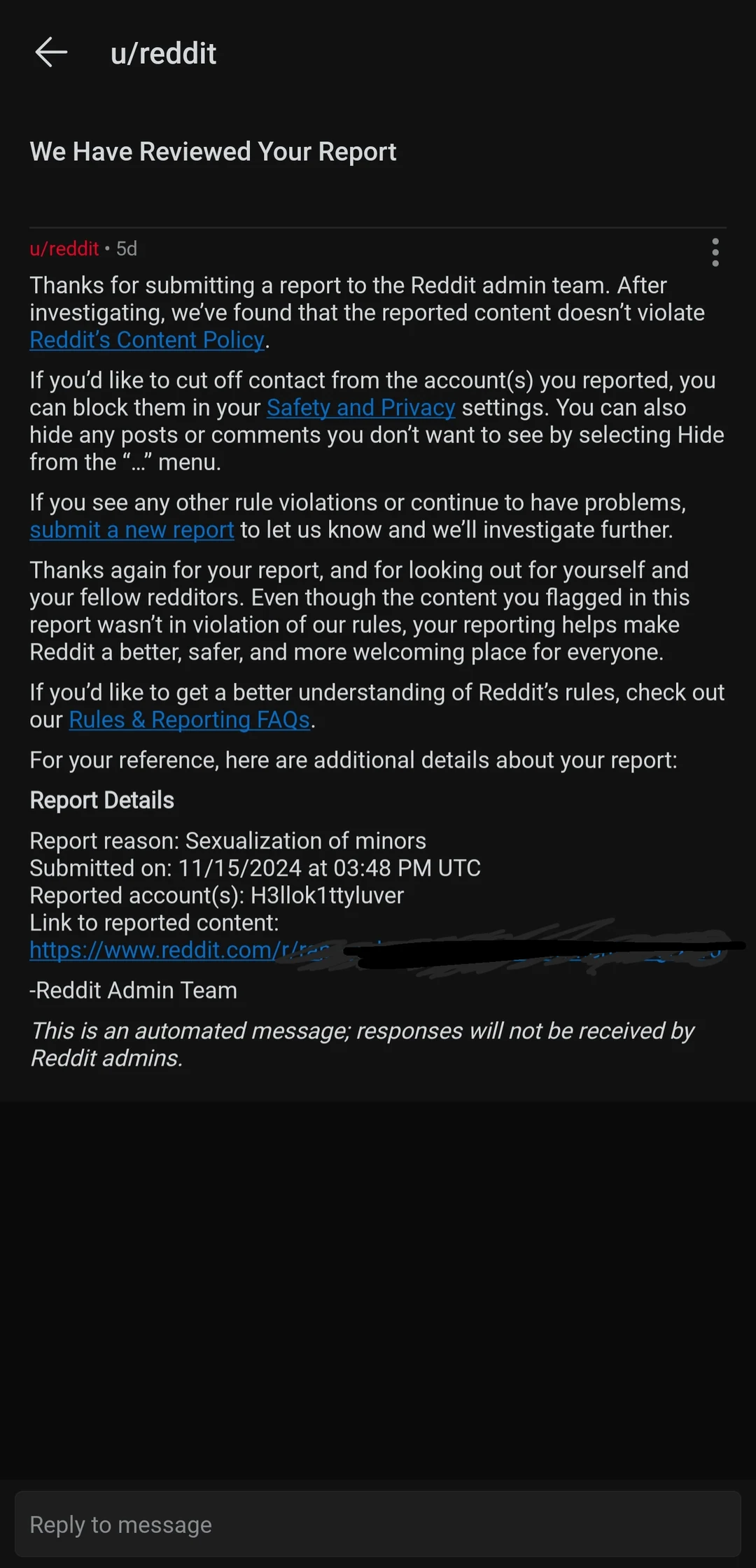 Reported an account of a minor posting nudity and reddit is ok with it. Post is still up btw ...