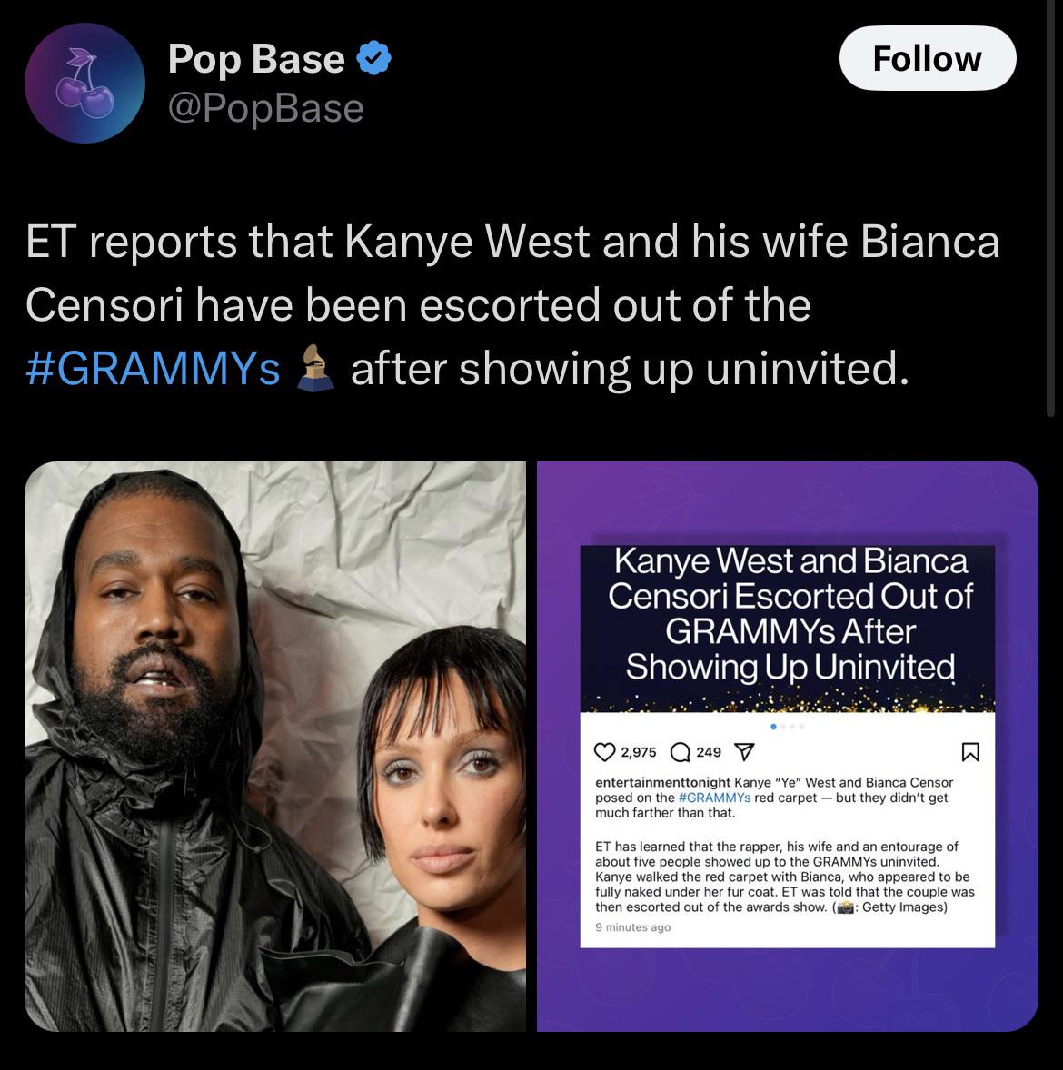 Kanye West and his wife Bianca Censori kicked out of Grammys. | Scrolller