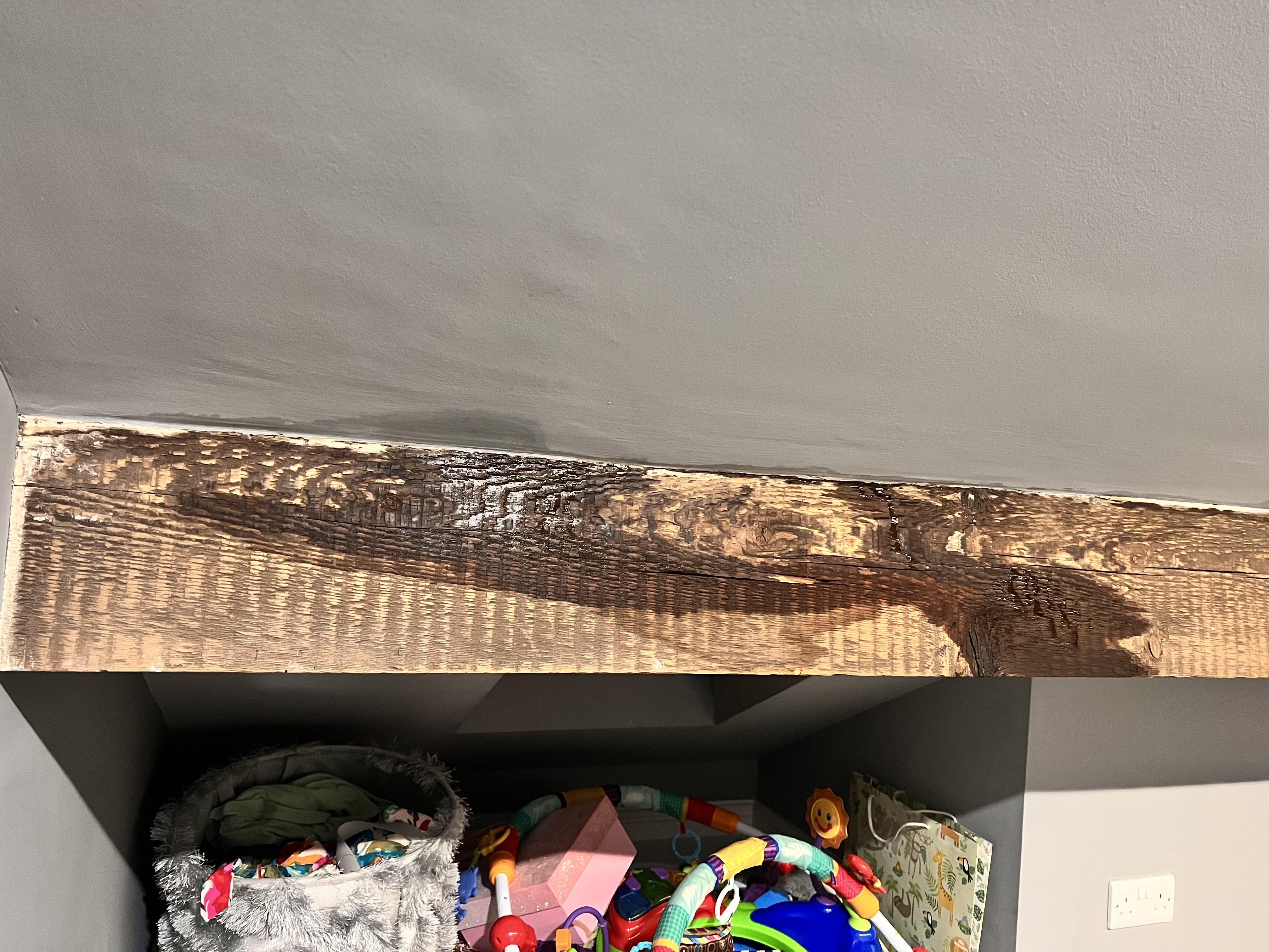 Damp patch on beam in attic | Scrolller